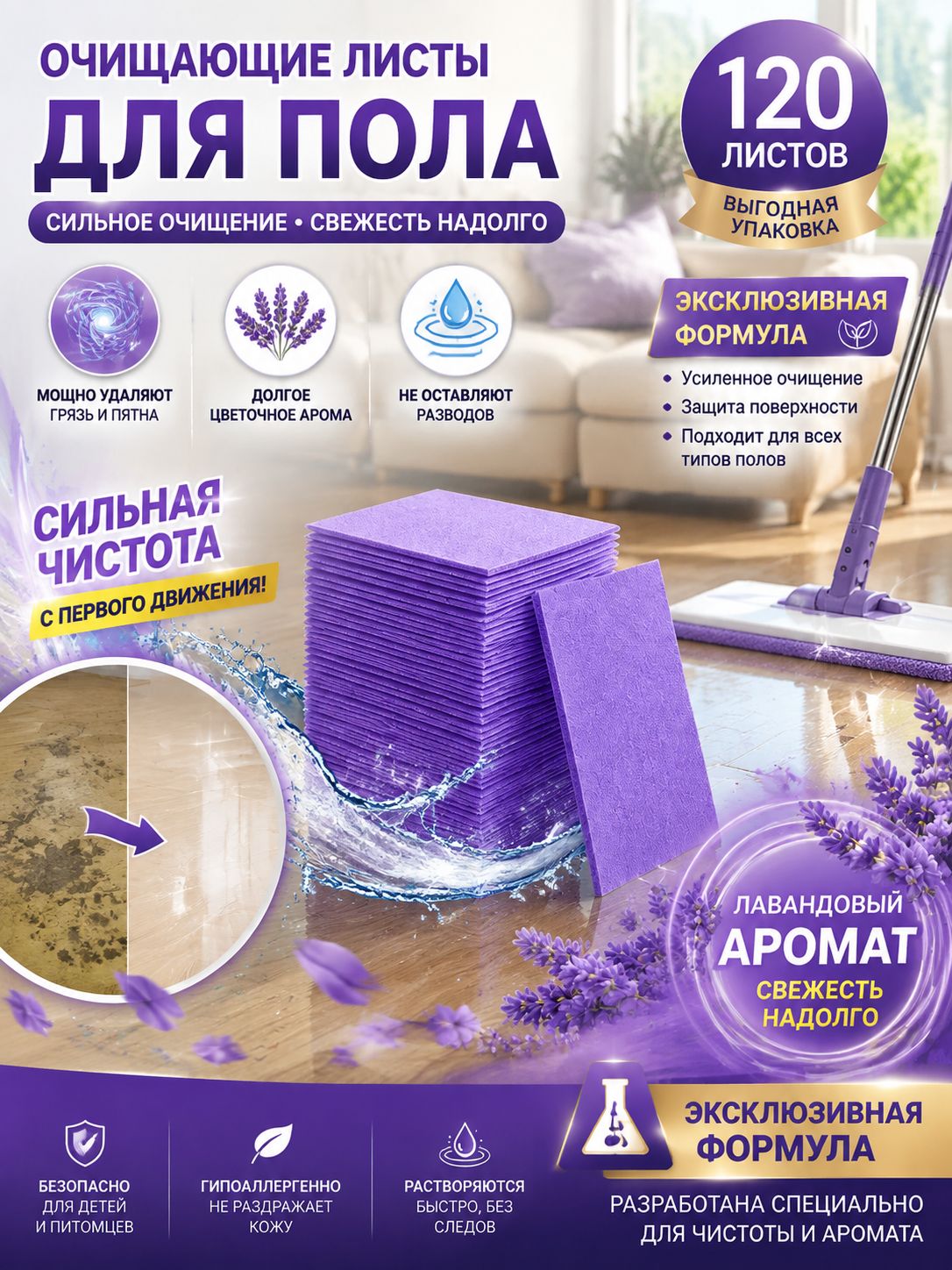 Листы для мытья полов с ароматом лаванды, 120 шт, очищающие листы для пола, глубокая очистка, не оставляют разводов, безопасно для детей и питомцев, быстро растворяются, для всех типов полов