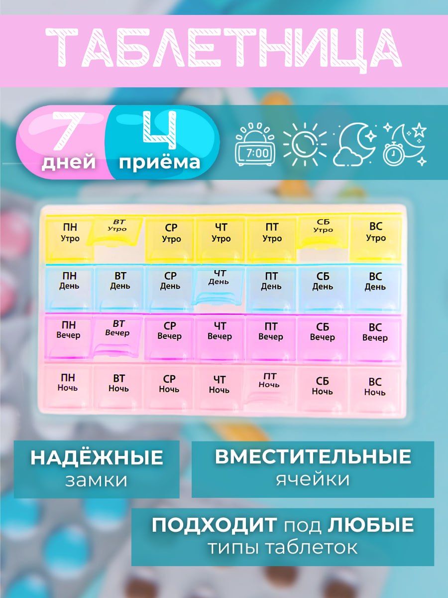 Таблетница на 7 дней 4 приема / Контейнер для таблеток 28 секций / Органайзер бокс для лекарств на неделю