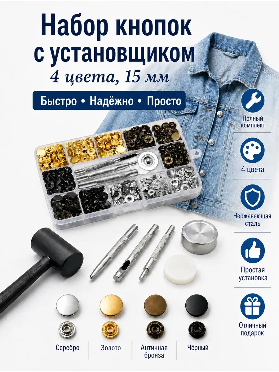 Набор кнопок для одежды с установщиком и молотком