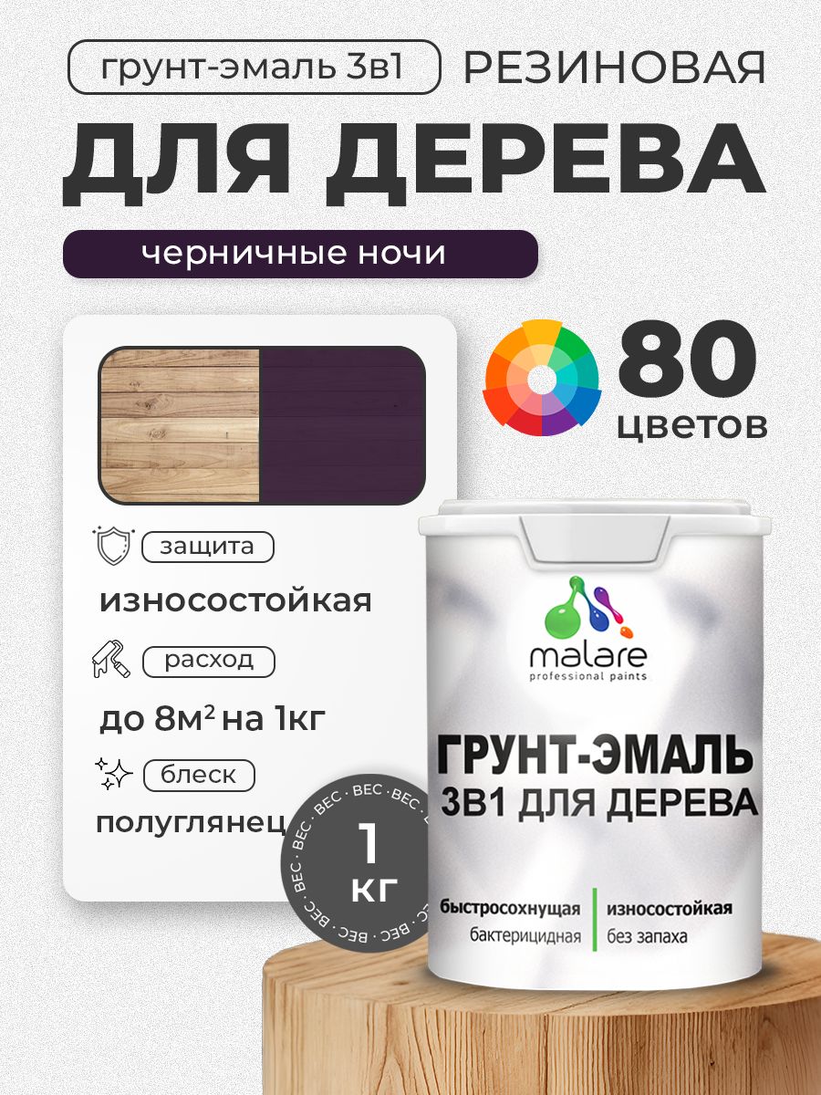 Резиновая Грунт-Эмаль 3 в 1 Malare для деревянных поверхностей/ краска по дереву с антисептическим эффектом/ быстросохнущая моющаяся без запаха полуглянцевая, черничные ночи, 1 кг