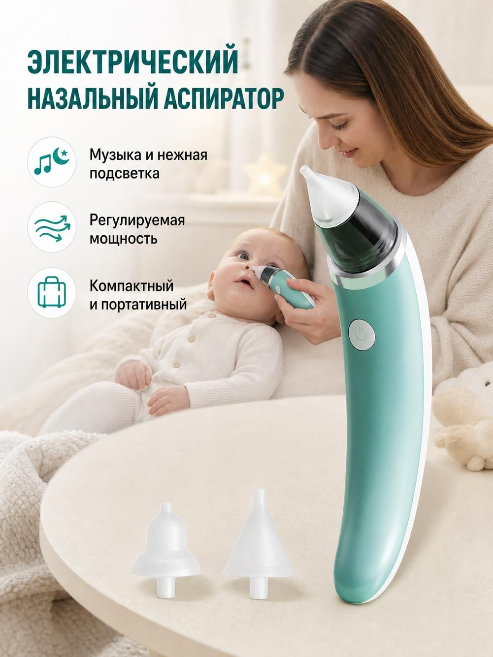 Электрический аспиратор назальный, зеленый, с резервуаром, с насадками