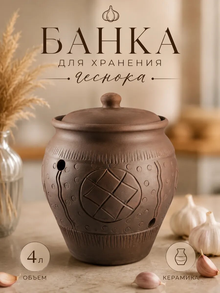Банка для хранения Кунгурская керамика «Орнамент», 4 л, с отверстиями для вентиляции, молочение, коричневая