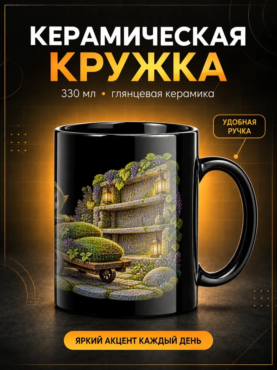 Кружка керамическая TOP CUP, Мох для тихого сада, чёрная, 330 мл