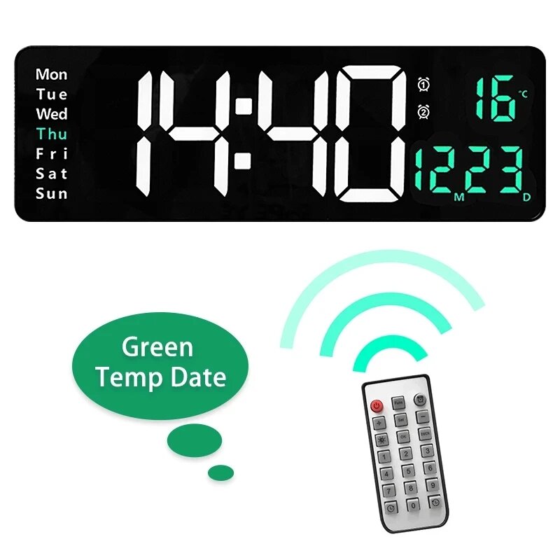 WOKLOK Умные Настенные Цифровые Часы с Пультом 16 Inch GREEN TEMP