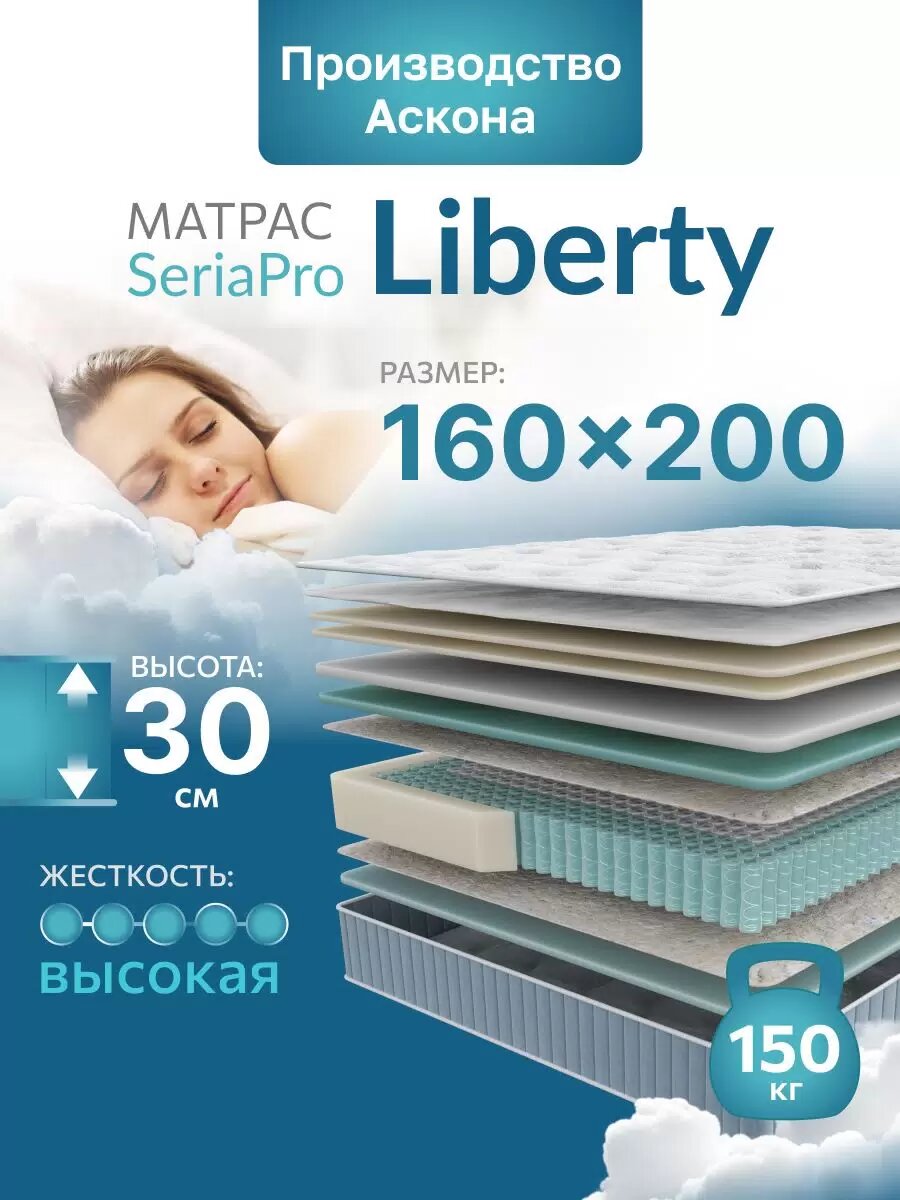 Ортопедический матрас 160х200 см Seria Pro Liberty, Независимые пружины, высокий матрас на кровать