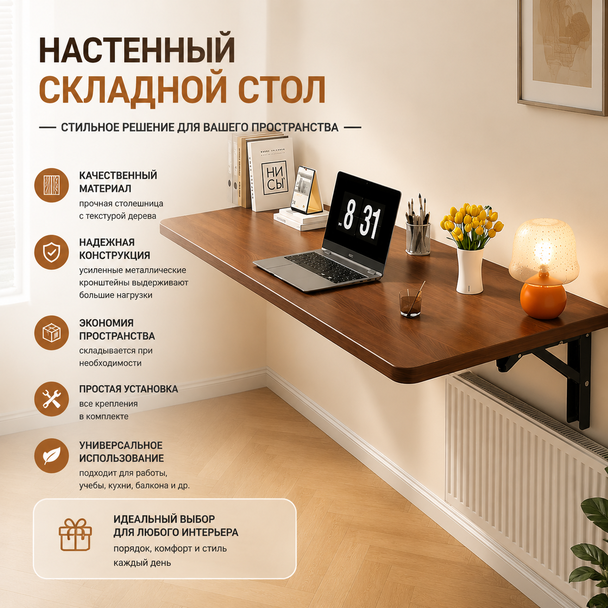 Стол-книжка Раскладной, Настенный плавающий стол 120х40х1.3 см