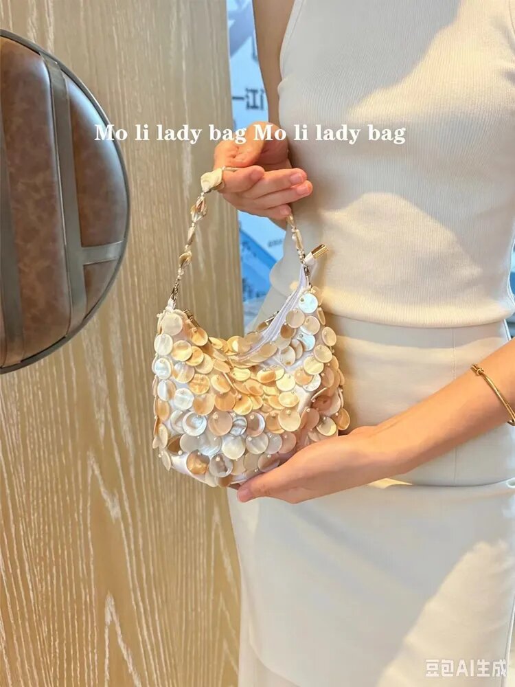 Сумка ридикюль "Mo li lady bag" из ракушек, бисера и перламутра, ручная сборка, 17x14x5 см