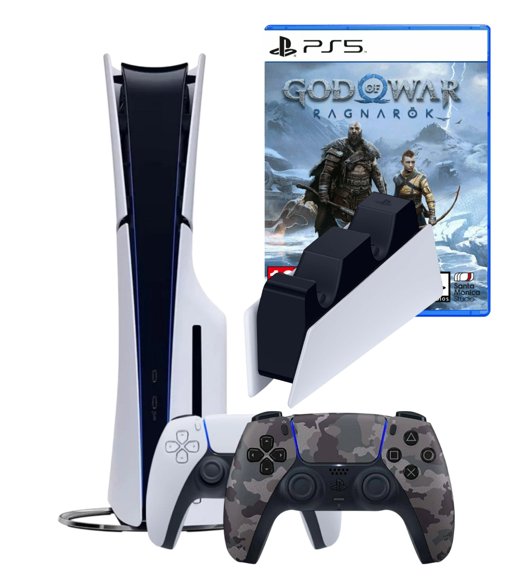 Игровая приставка Sony PS5 Slim + 2й геймпад камуфляж + игра God of War + станция зарядки
