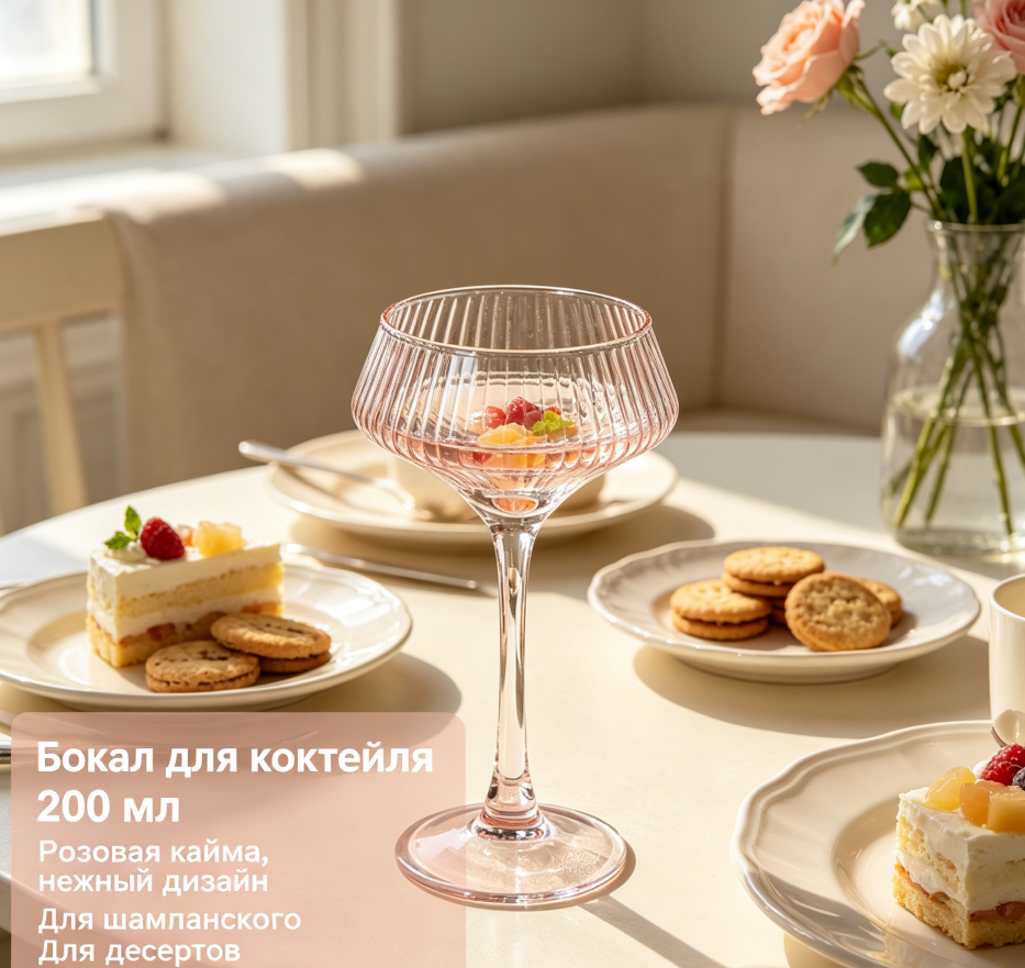 Винтажные рифленые бокалы для коктейлей 200 мл, элегантные стеклянные фужеры для шампанского, десертов