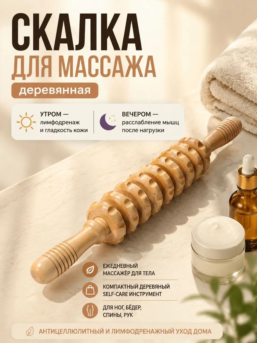 Массажер скалка для тела деревянный антицеллюлитный