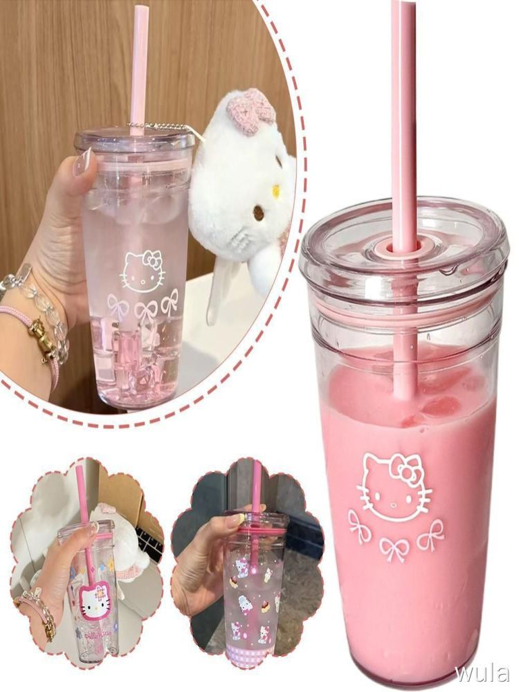Стакан с трубочкой Hello Kitty прозрачный розовый с брелоком 500 мл для воды и подарка кружка — фото 1