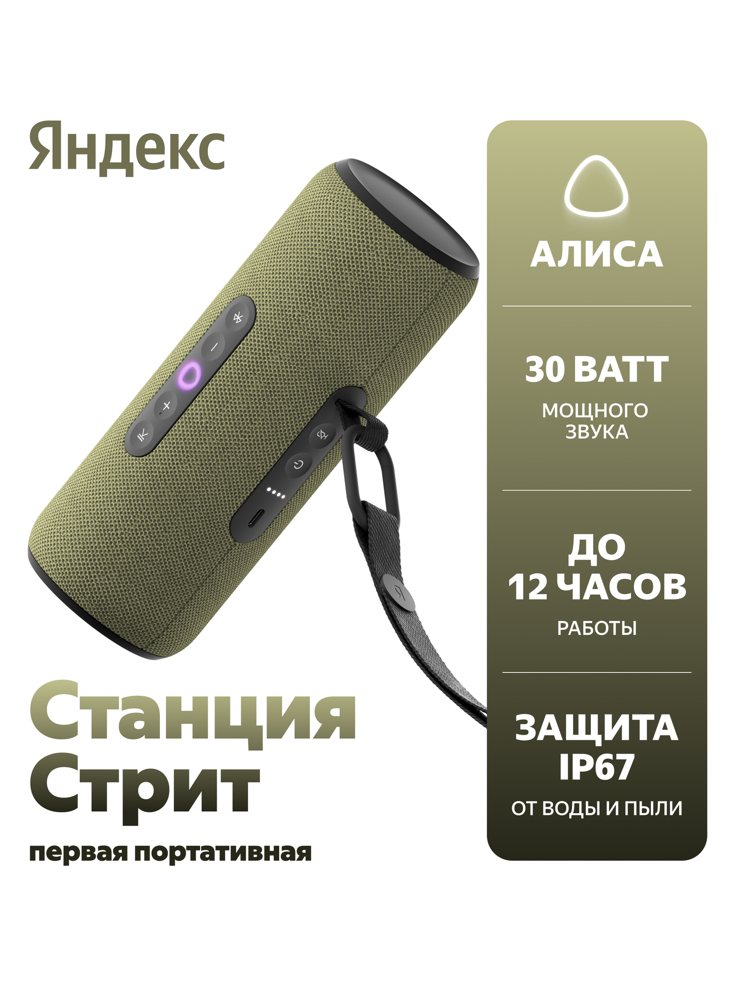 Портативная умная колонка Яндекс Станция Стрит с Алисой, 30 Вт, YNDX-00030GRN , зелёный