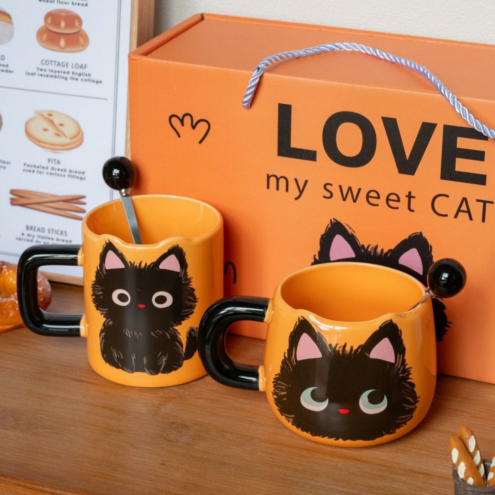 Подарочный набор кружек MyPads «Черный кот» для двоих, ярко-оранжевые керамические с эксклюзивным дизайном