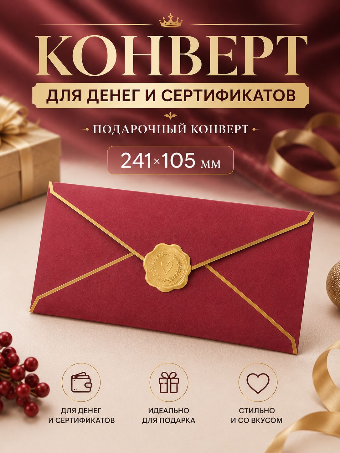 Конверт для денег и сертификатов 241*105 мм с печатью , подарочный для приглашений и поздравлений красный