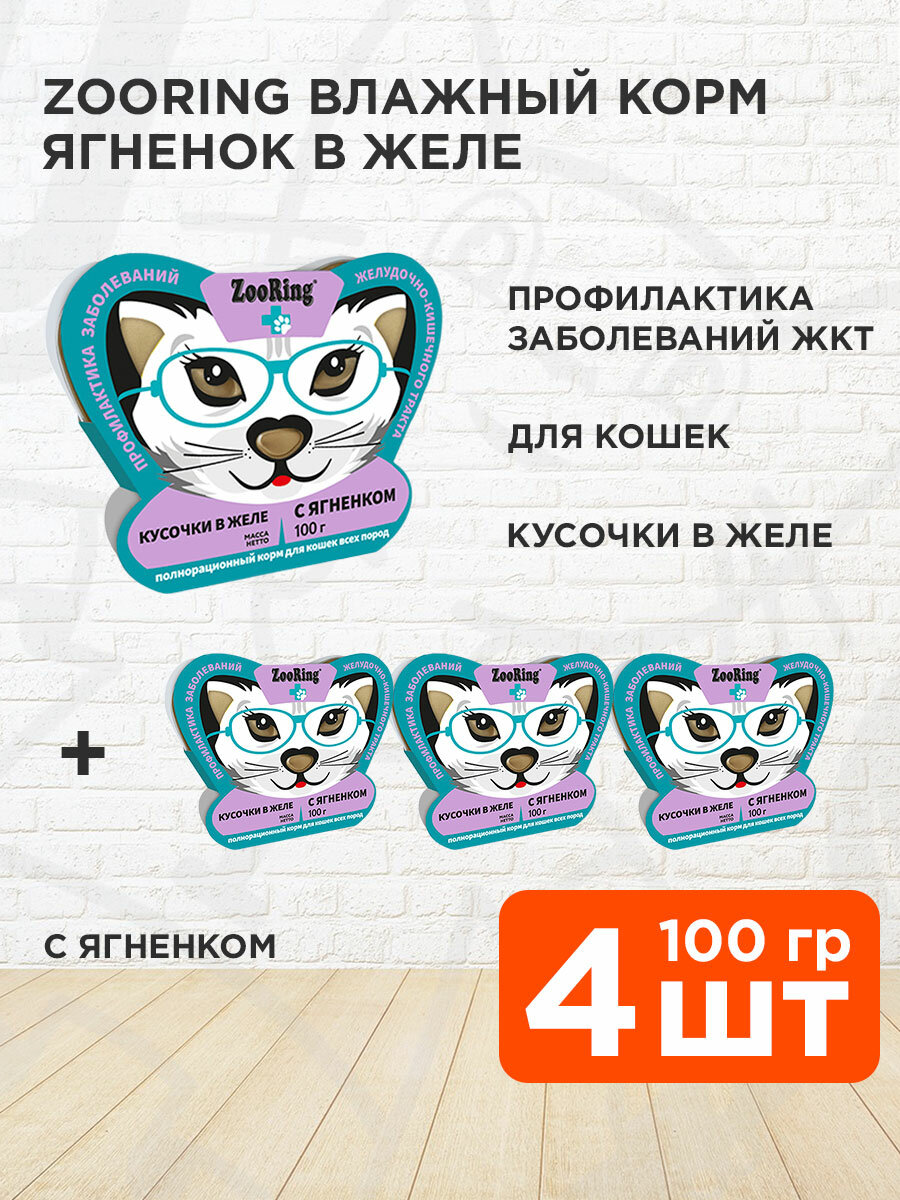 Корм влажный Zooring для взрослых кошек, для профилактики заболеваний ЖКТ, ягненок в желе, 100 г 4 шт