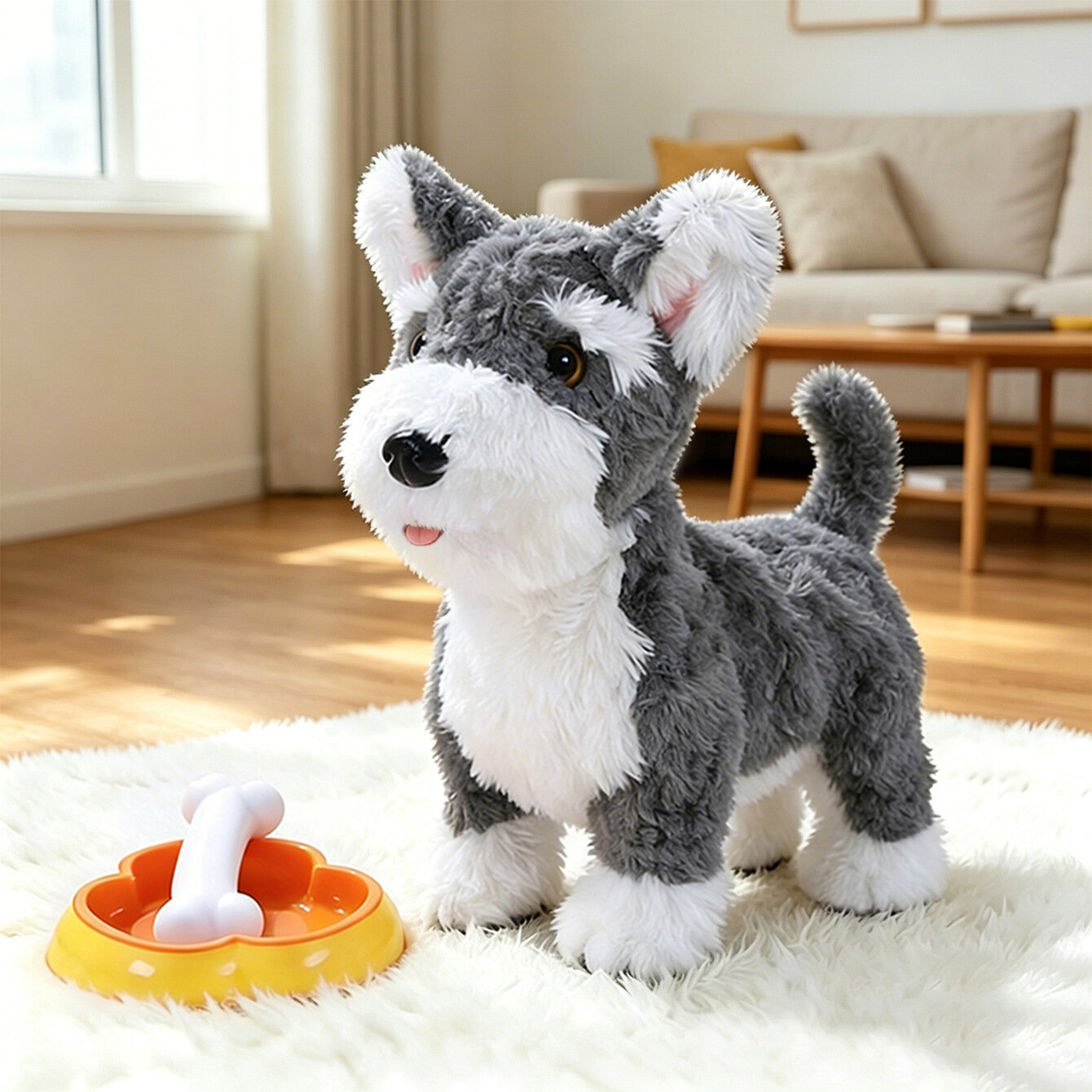 Электронная плюшевая игрушка собака Schnauzer с поводком, музыкальная, лает, гладит по голове, 25 см, подарок для детей