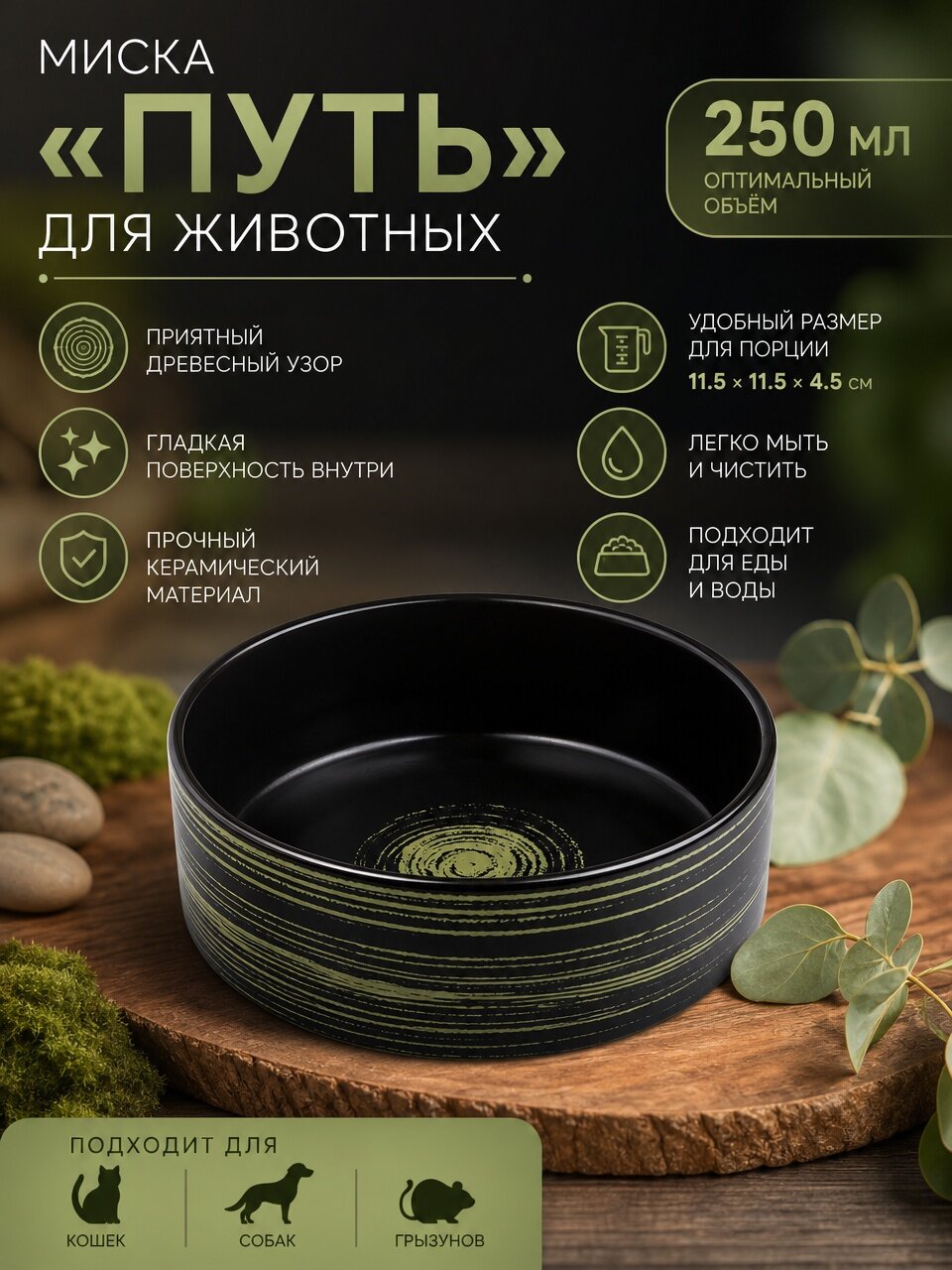 Миска Путь для животных, 250 мл, 11.5* 11.5 *4.5 см, керамика, чёрная