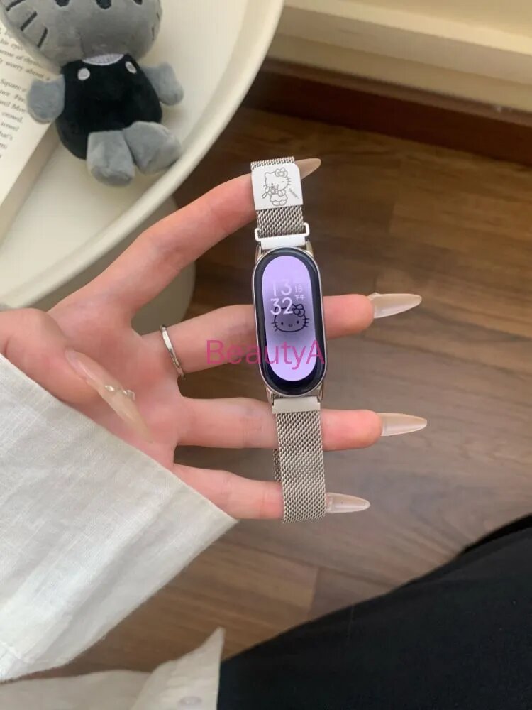 Металлический ремешок для Xiaomi Mi 8/ 9/ 10 (Xiomi Mi Band 8 9 10), миланская петля на магнитной застежке, милыми Hello Kitty рисунком, мультяшный стил