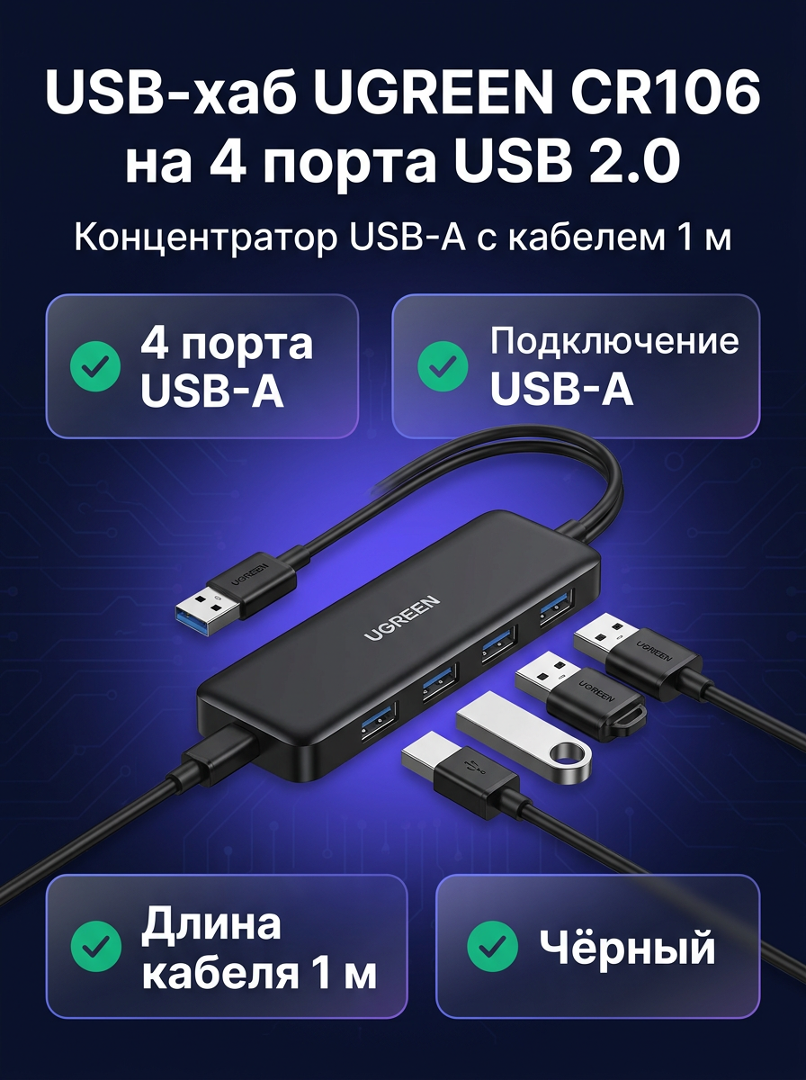 USB-хаб Ugreen CR106, 4 порта USB 2.0, длина кабеля 1 м, черный