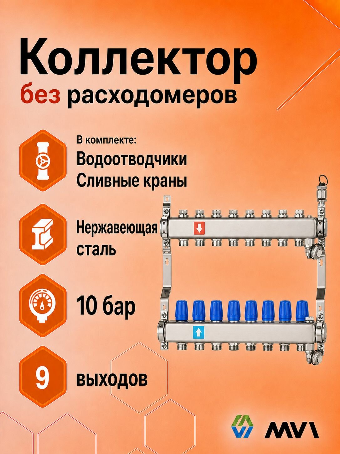 MVI Коллектор без расходомеров в комплекте с воздухоотводчиками и сливными кранами 9 выходов / контуров / отводов