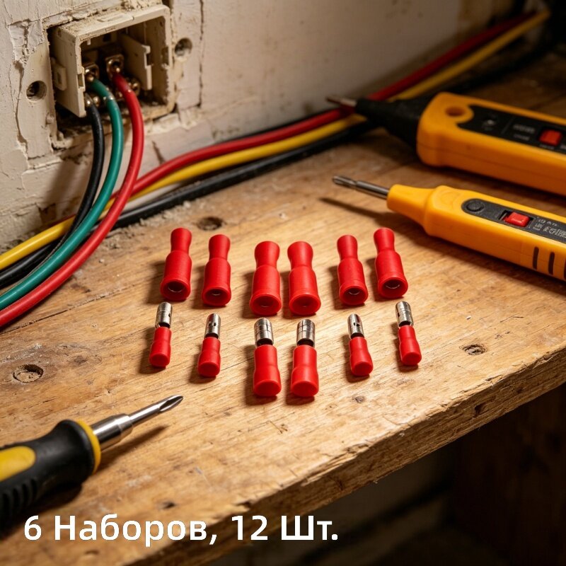 Набор обжимных клемм "пуля" (папа-мама) для проводов, 12 шт. (6 комплектов), красный, для медных многожильных проводов 22-16 AWG, с ПВХ изоляцией, для акустических проводов авто