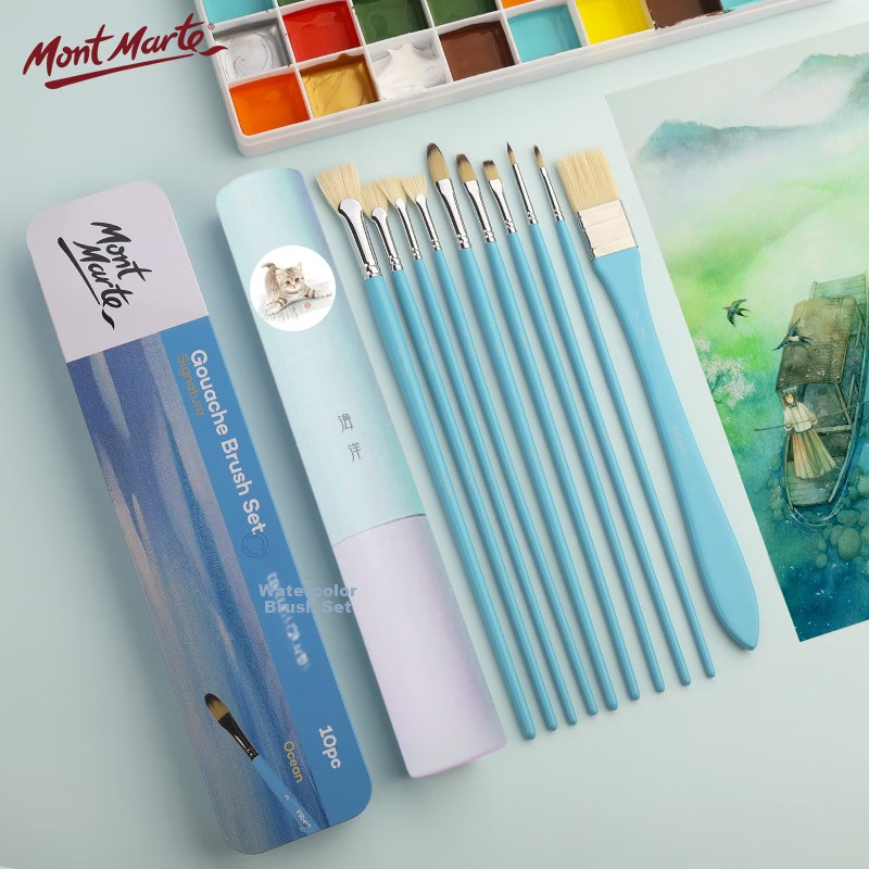 Mont Marte Ocean Tin Set of 10 Watercolor Brush Pig Bristle Acrylic Paint Brush Art Line Pen Children's Oil Painting Brush Set BMHS1011 Art Sketching