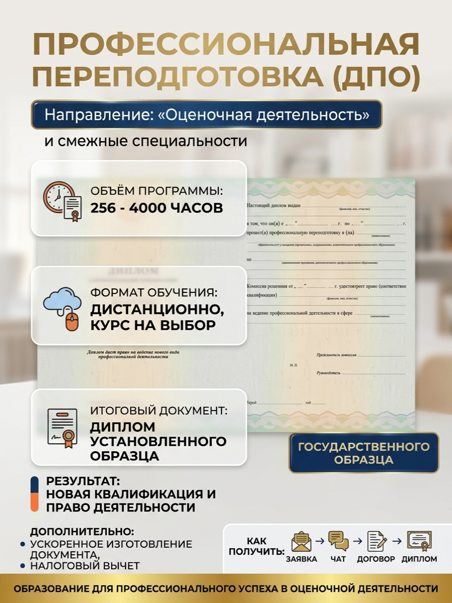 Оценщик, сертификат ДПО, профессиональная переподготовка, 256-4000 часов («Оценочная деятельность»)