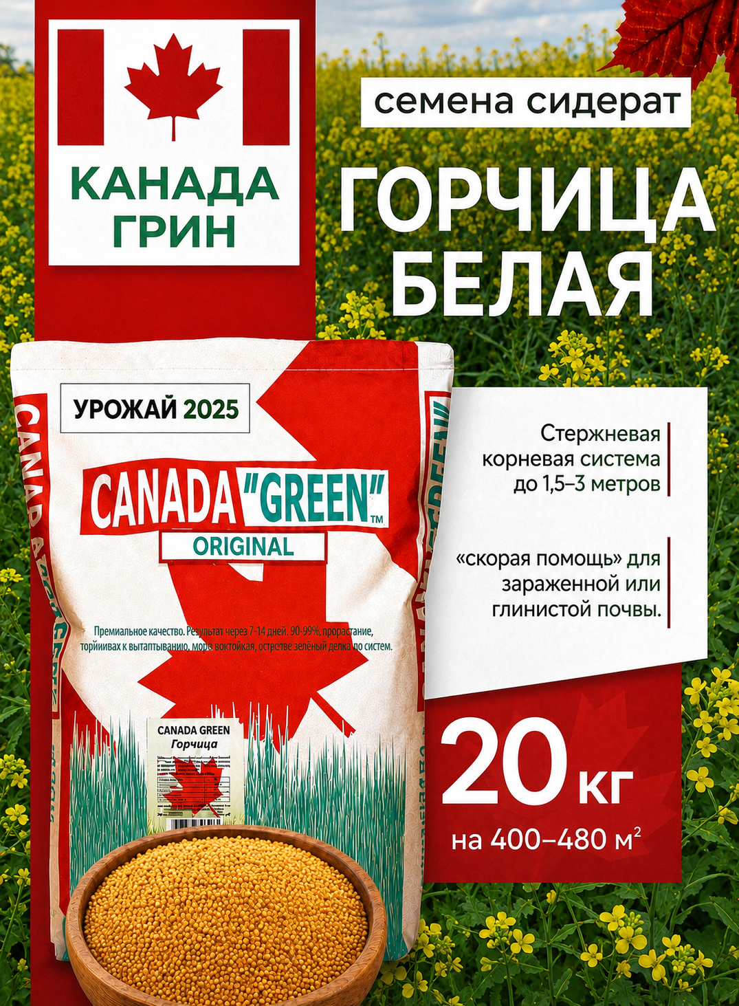 Горчица белая 20 кг семена сидерат для посева Канада Грин