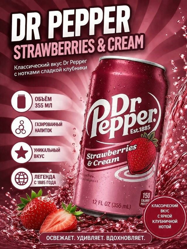 Напиток Dr. Pepper Strawberries & Cream 330мл/Доктор Пеппер Клубника Сливки - 1шт, Польша