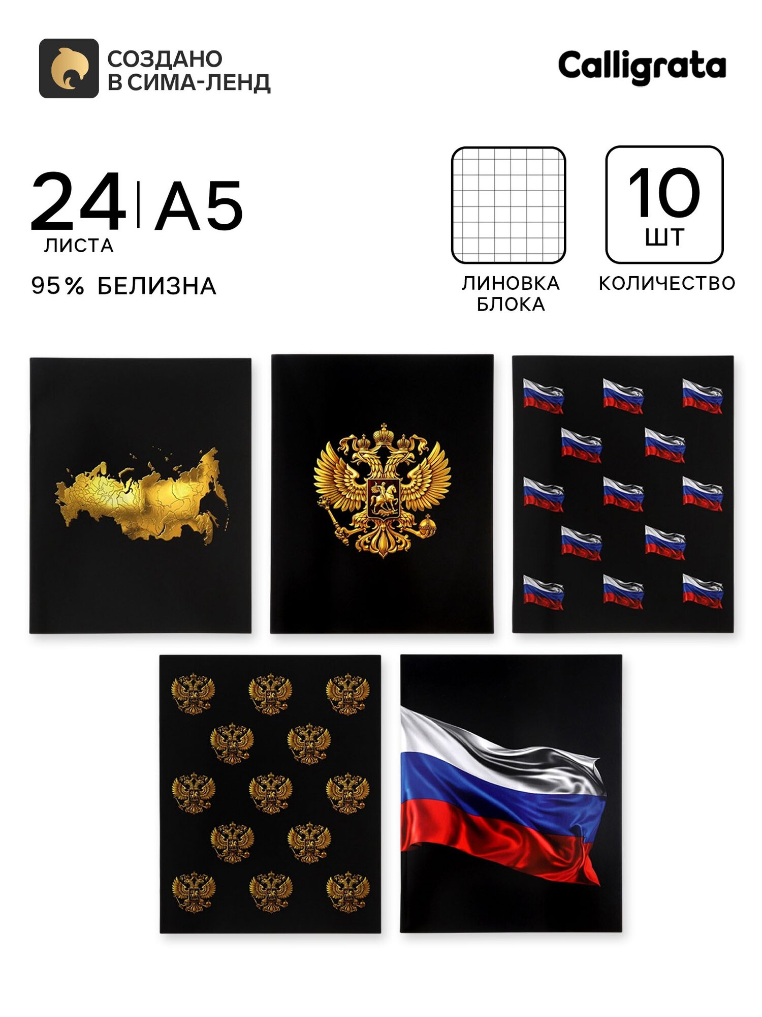 Тетрадь 10 штук, 24 листа в клетку Calligrata «Россия», блок офсет, 5 видов