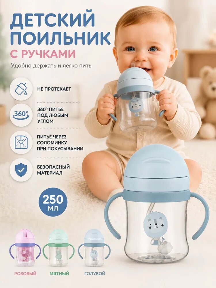 250мл, детская чашка для воды, Кружка-Поильник с силиконовой трубочкой, непроливайка, бутылка для кормления, с ручками