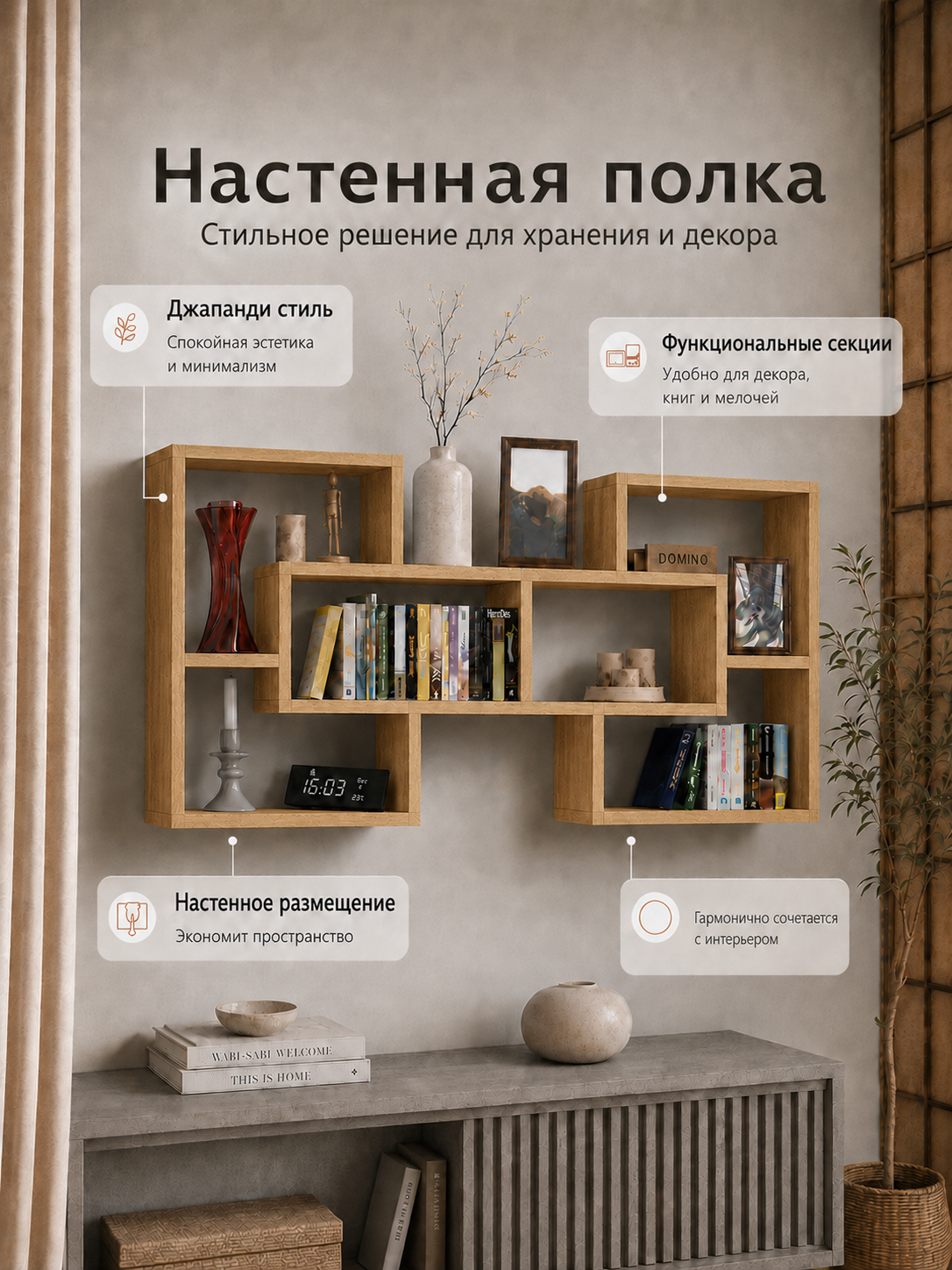 Полка настенная для книг и декора дуб крафт золотой, 115x55x20 см