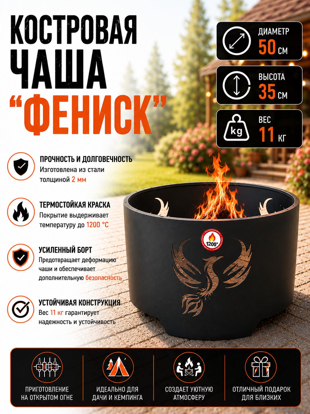 Костровая чаша Мультиагро "Феникс", сталь, термостойкая краска, черный, 50см