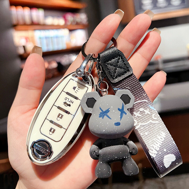 Nissan 4-Button Key Fob Case в белом цвете с серым медвежьим дизайном для автомобилей Nissan, премиум-чехол для ключей