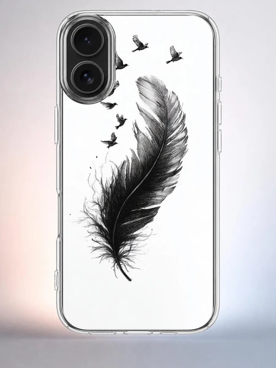Чехол iPhone 16 Перо и птицы силиконовый прозрачный