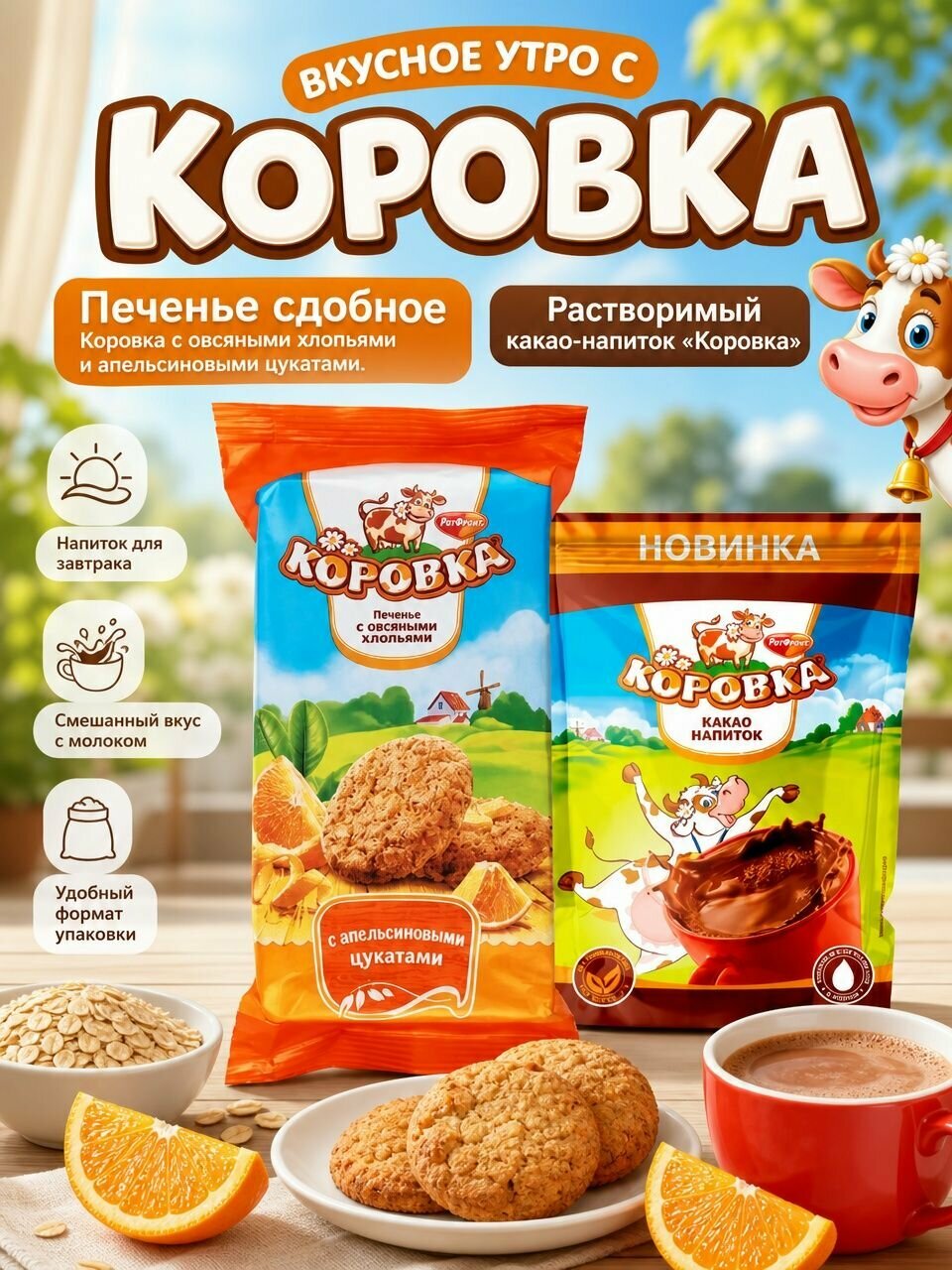 Коровка апельсиновыми цукатами и какао-напиток Коровка