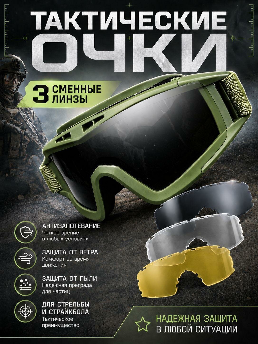 Очки тактические (со сменными линзами), Защита от запотевания. Очки военные для стрельбы