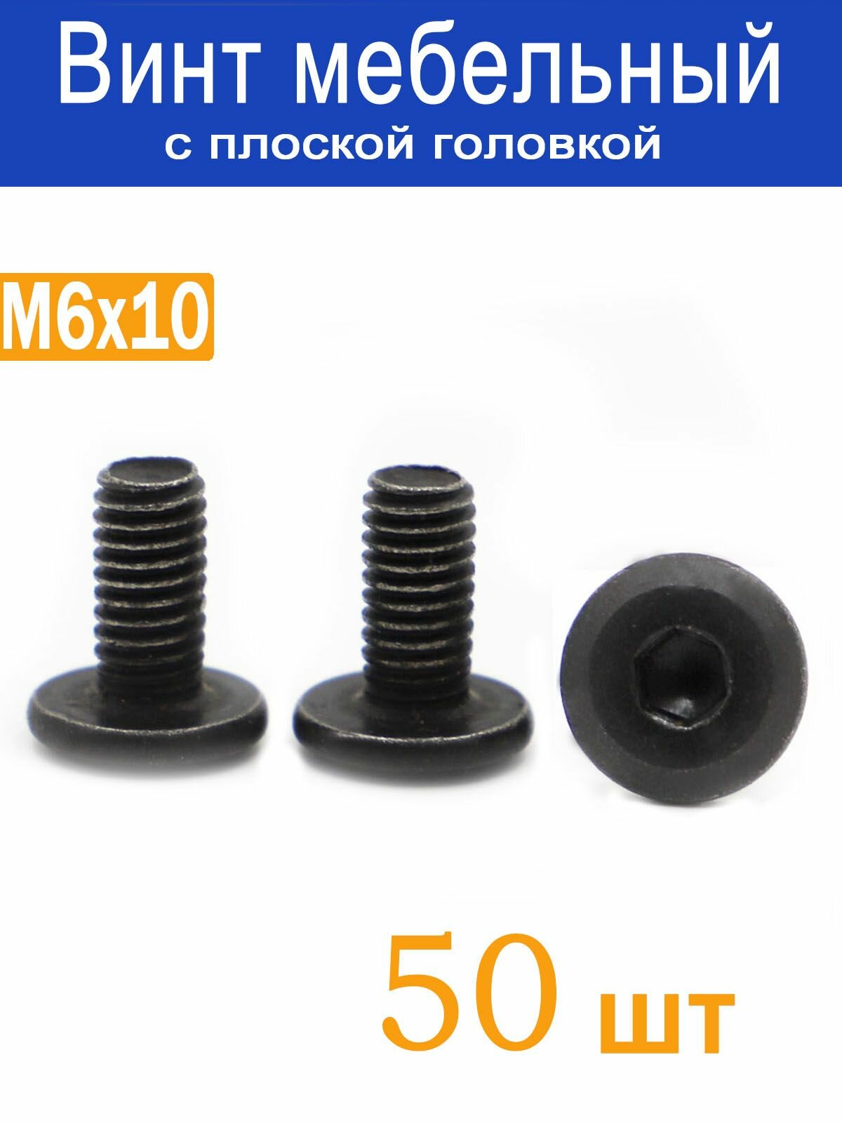Винт M6 x 6 x 10 мм, головка: Плоская, 50 шт. крепеж метизы крепежные изделия
