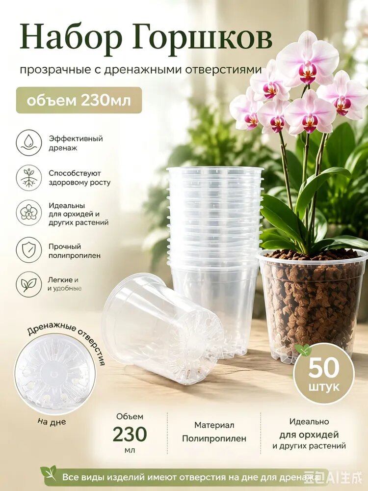 Горшок для цветов 230 мл, 8 см, 50 шт, цвет прозрачный