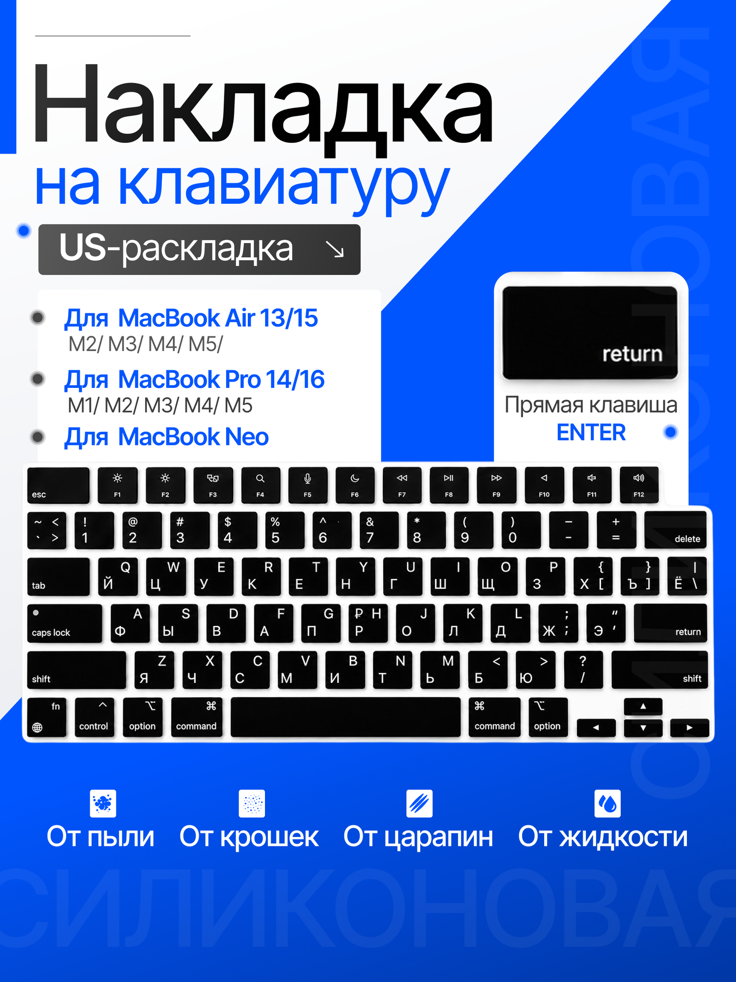 Защитная накладка на клавиатуру MacBook NEO, Air 13/15 M2, M3, M4, M5 PRO14/16 2021-2026 US Черная