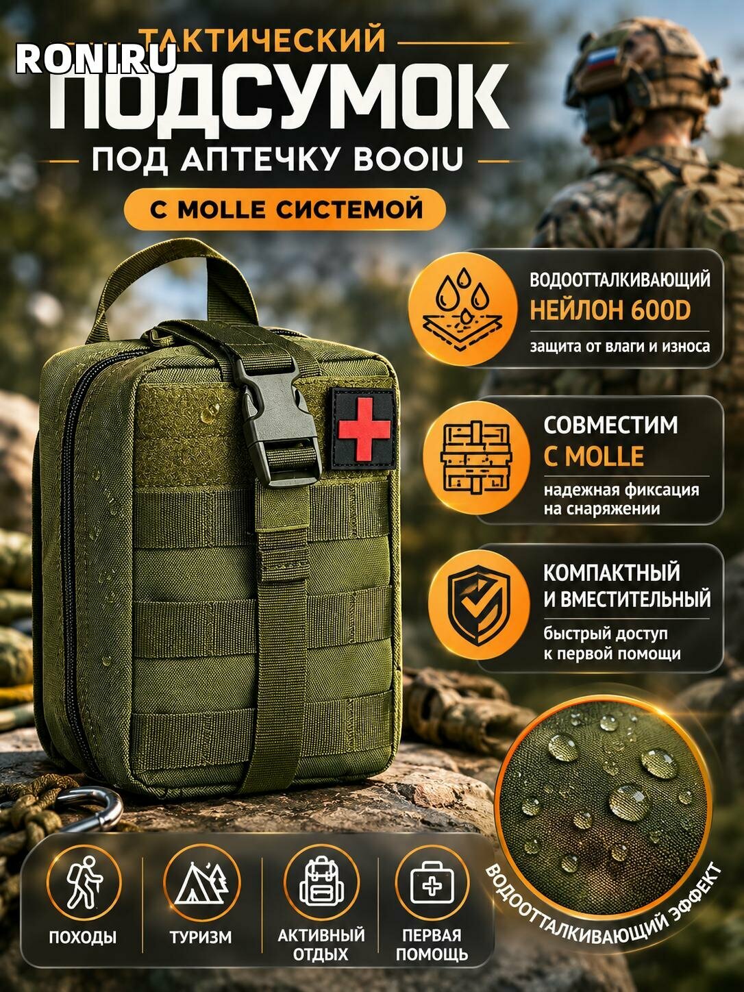 Тактический подсумок под аптечку BOOIU с MOLLE системой и водоотталкивающим нейлоном 600D для походов и активного отдыха