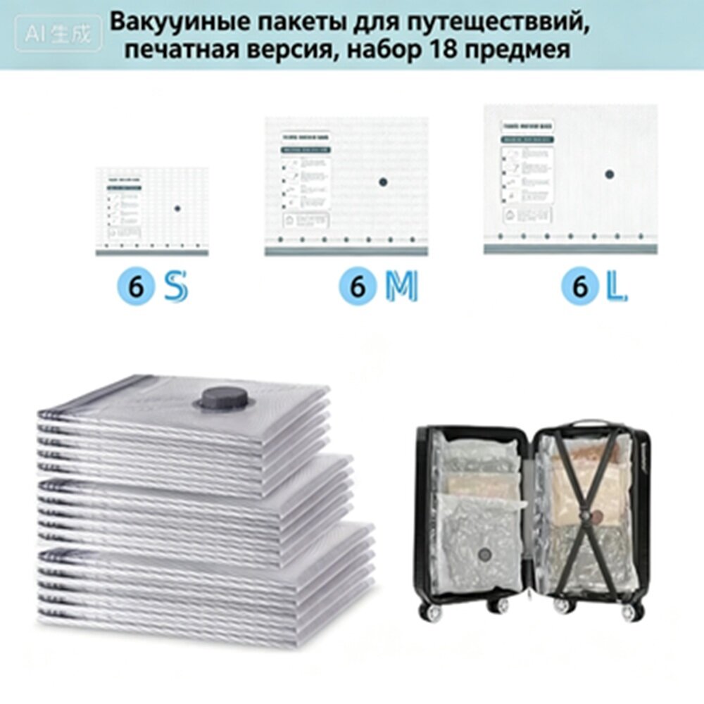 Прочные вакуумные пакеты для путешествий PA+PE 7 丝，набор 6S+6M+6L без насоса, экономия места в чемодане