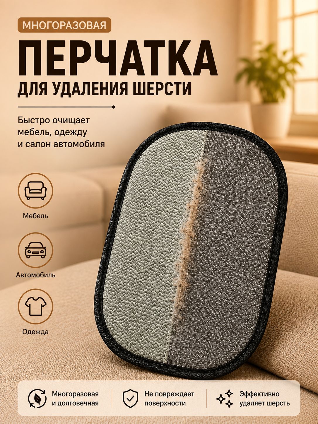 Перчатка для удаления шерсти животных кошек и собак варежка для одежды, ковров и мебели рукавичка многоразовая антистатическая универсальная 20х15 см