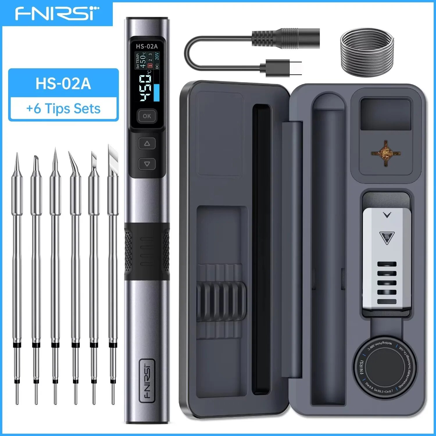 Портативный интеллектуальный паяльник FNIRSI HS-02 100-450 ℃ Быстрый нагрев 100 Вт, быстрая зарядка Type-C PD для инструментов для сварки и ремонта