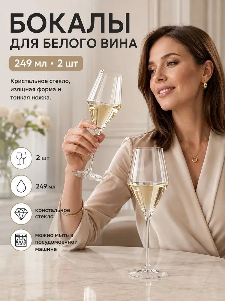 Бокалы для белого вина 249 мл 2 шт, хрустальное стекло