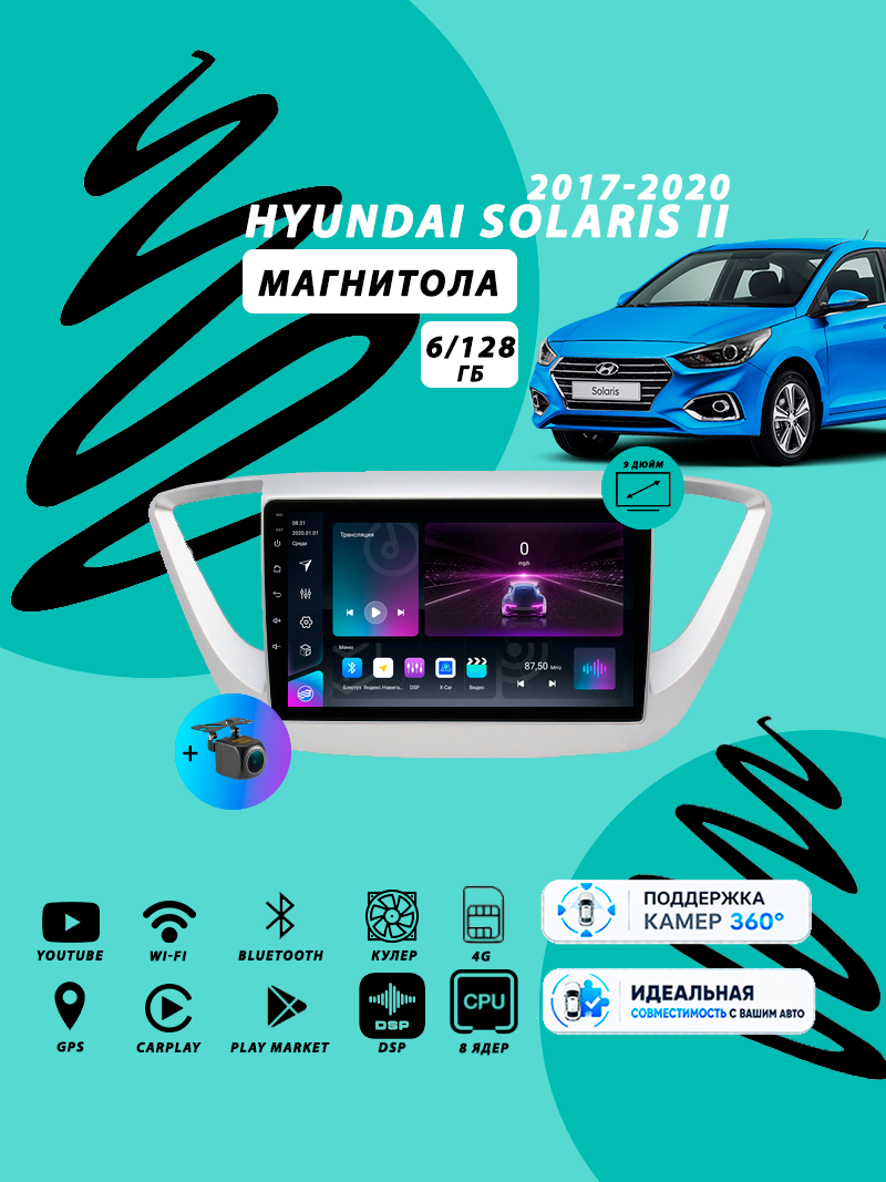 Магнитола Hyundai Solaris 2 (2017-2020) 6ГБ+128ГБ 4G/Android/360/8 ядер