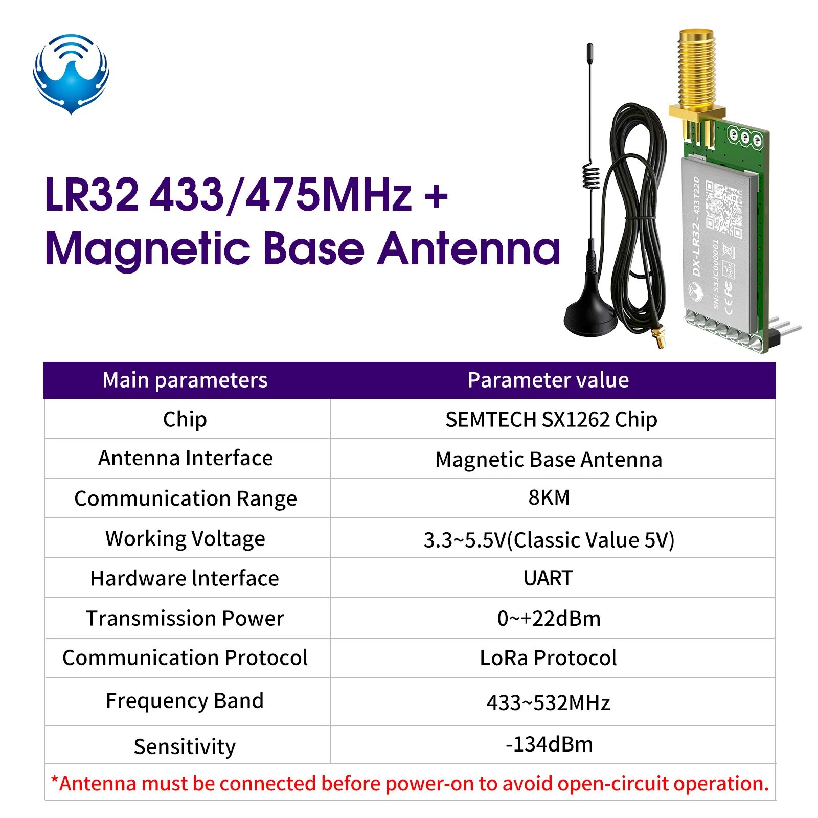 Модуль LoRa DX-LR32 433MHz, SX1262, 8KM, Зеленый
