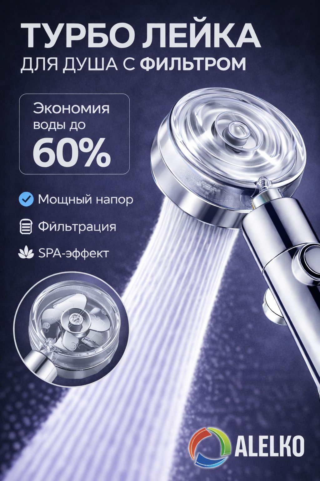 Лейка турболейка для душа с вентилятором и фильтром массажная насадка ALELKO