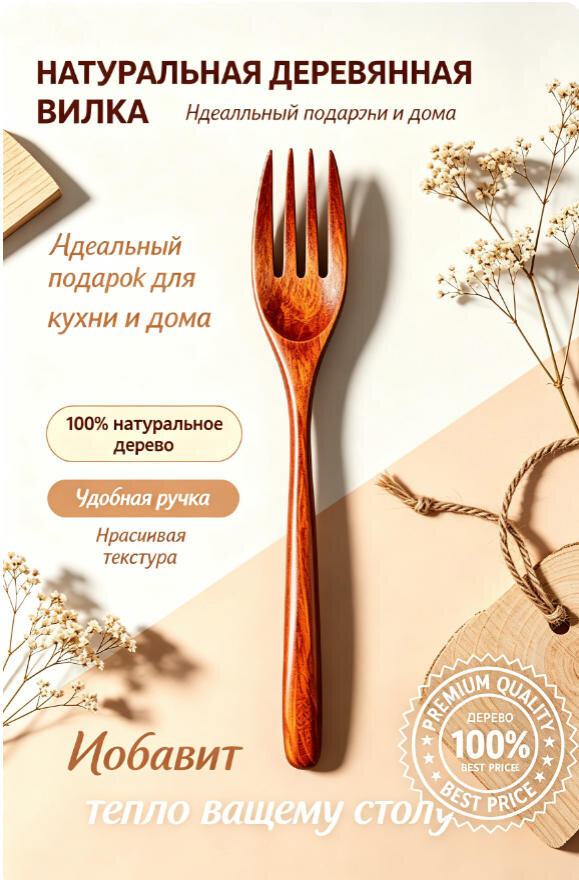 Экологичная деревянная вилка с длинной ручкой для салата и лапши
