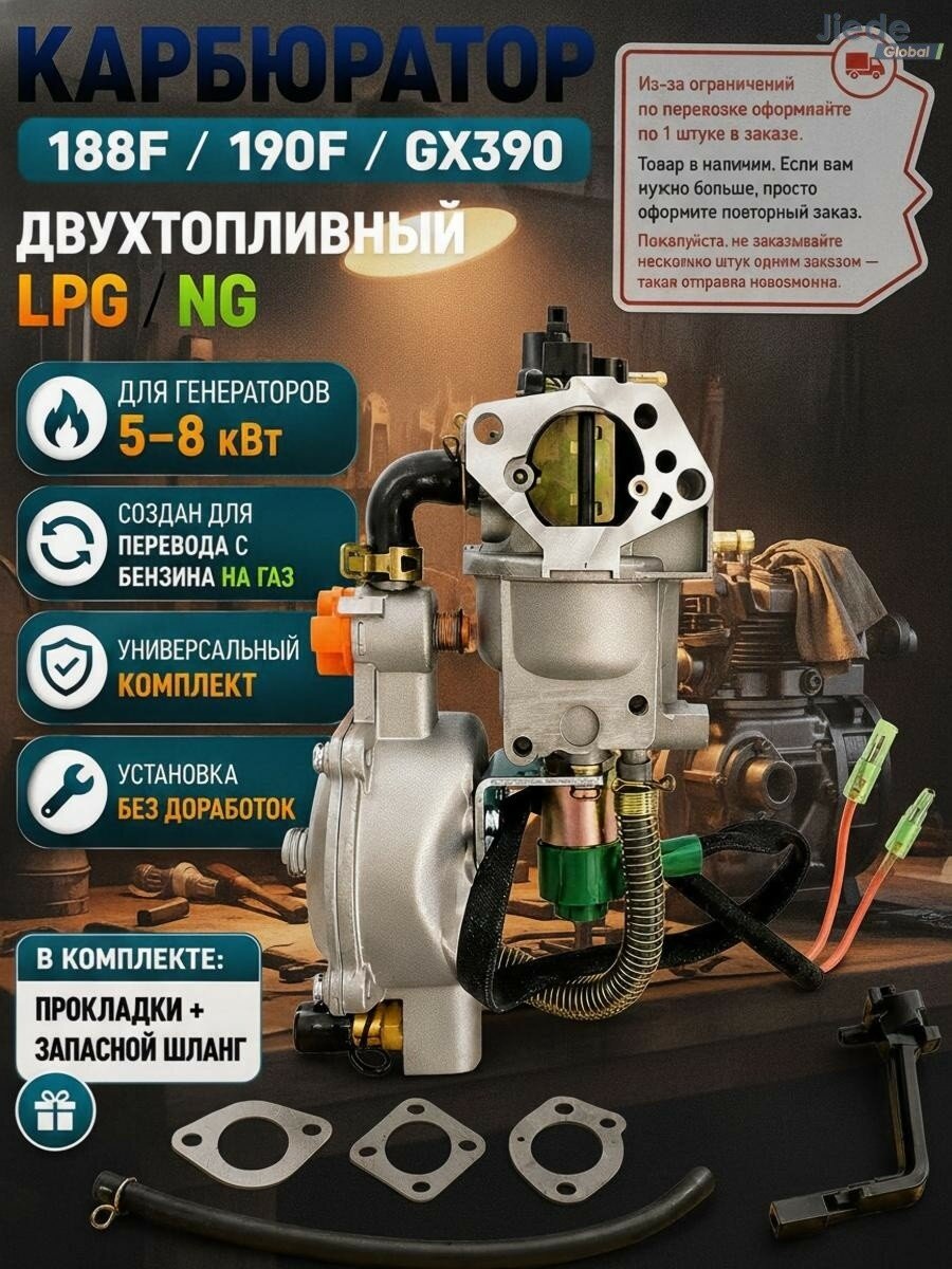 Карбюратор двухтопливный 188F / 190F / GX390 для генератора 5 8 кВт, LPG / NG, для перевода бензогенератора на газ
